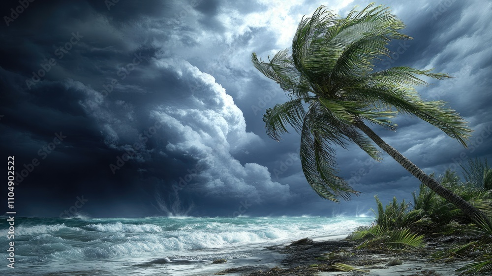 A palm tree leaning under the powerful winds of a tropical storm, with ...