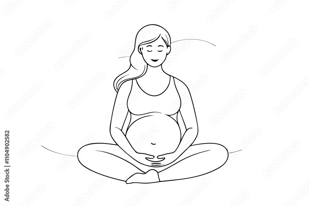 Line Drawing of Pregnant Woman Sitting Cross-Legged Holding Tummy ...