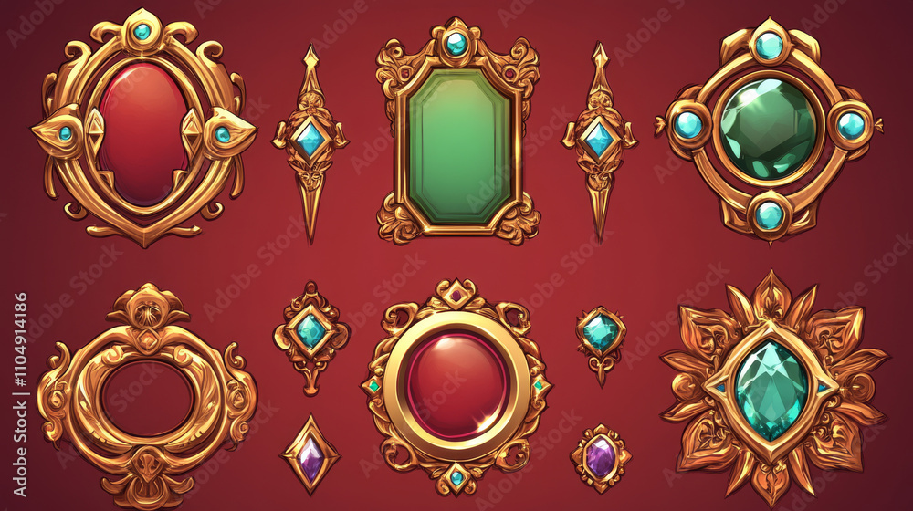 Golden fantasy medieval frame with gem stones and red background for ...