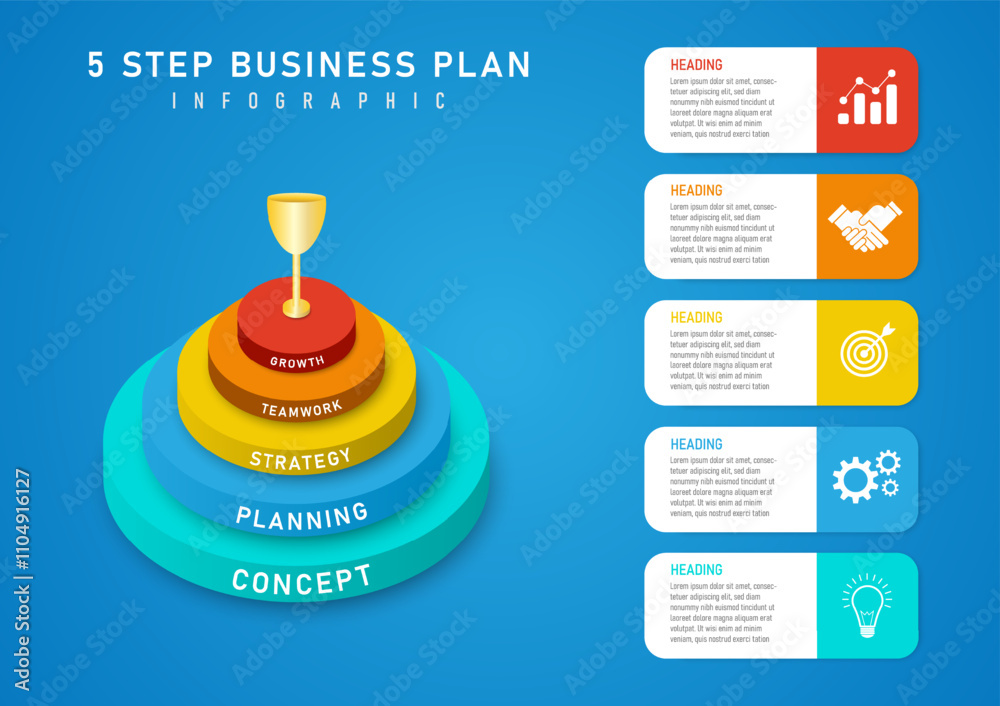 3D infographic template 5 steps business planning Multi-colored circles ...