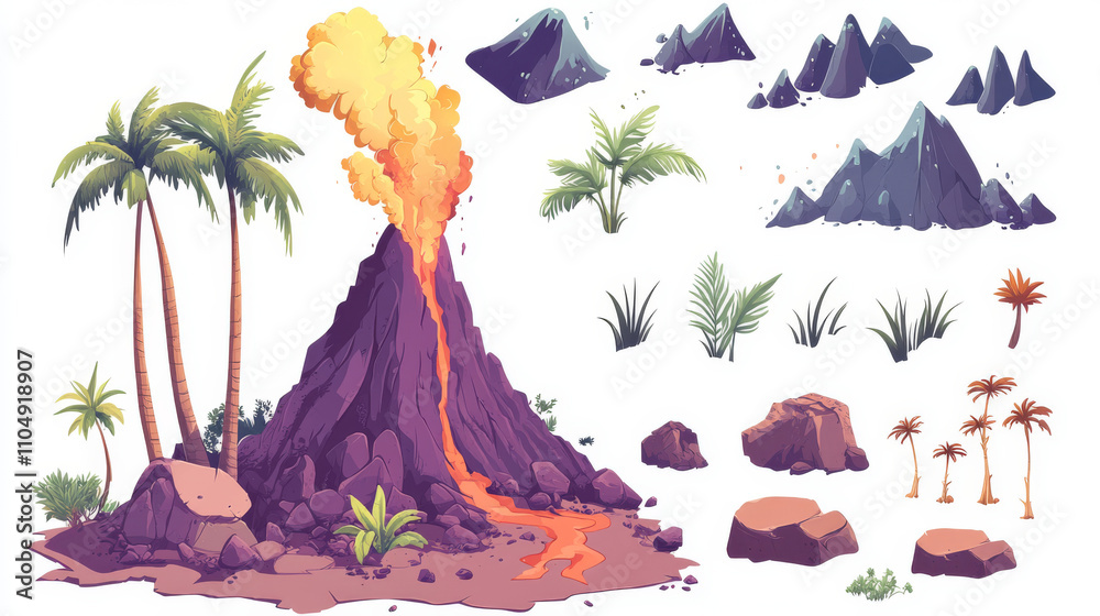 Volcanic eruption set with active volcano mountain with gases smoke ...