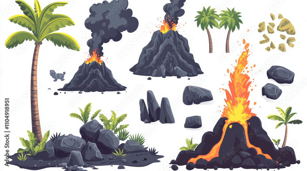Volcanic eruption set with active volcano mountain with gases smoke ...