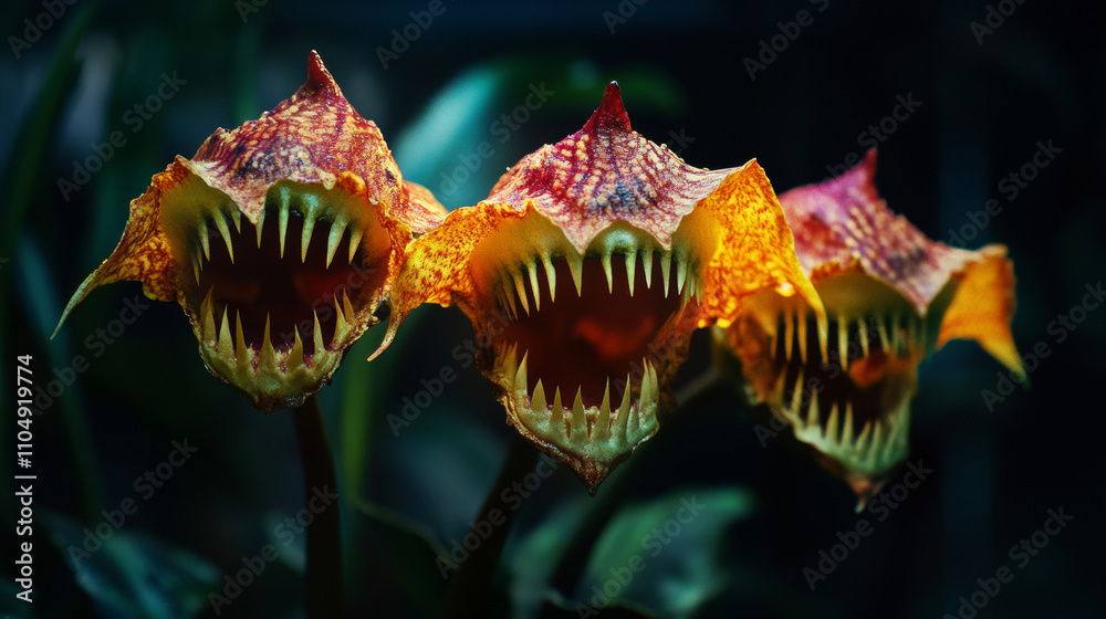 Creepy monster plants set isolated on black background. Vector cartoon ...