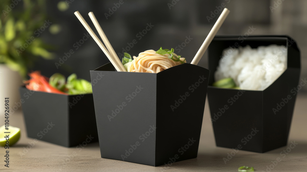 Black paper noodle take away box - realistic 3d vector illustration set ...