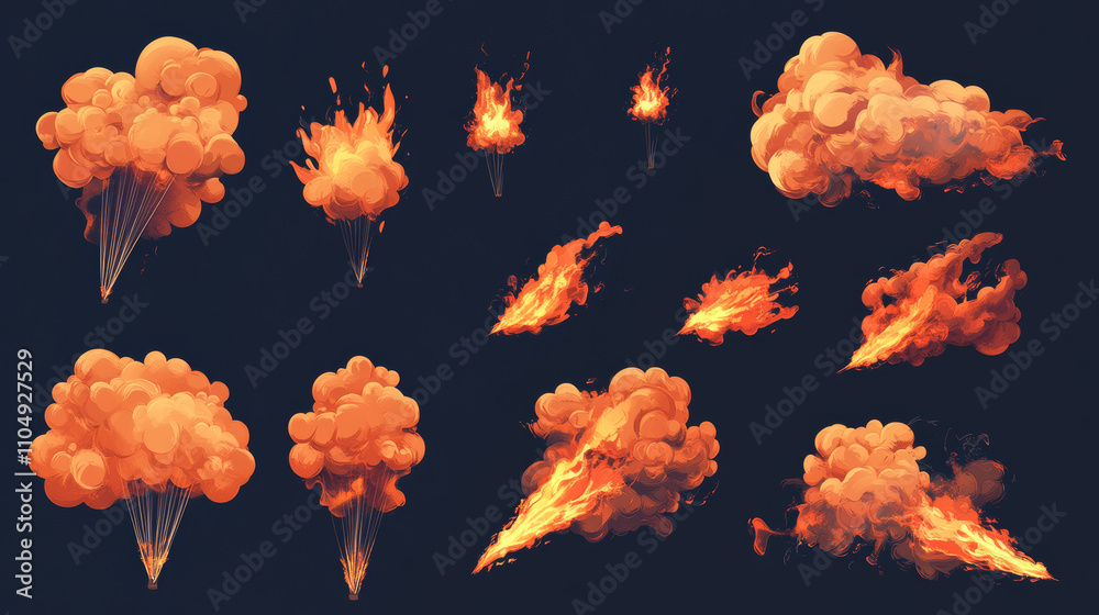 Ilustración de Stock Cartoon fire game effect with smoke cloud vector set. Hot flame comic ...