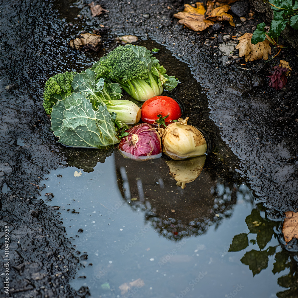 Reflections of fresh vegetables in a rain puddle street photography ...