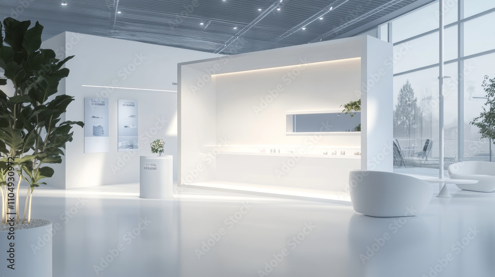 3d trade event mockup. White display booth stand. Empty fair wall and ...