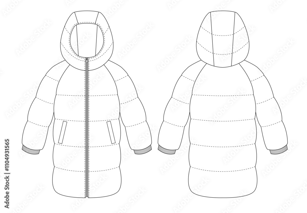 Line drawing of a puffer jacket with a zipper, showcasing front and ...