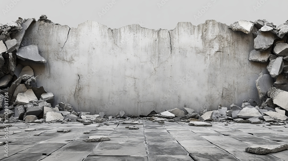 Broken concrete wall with hole, crack floor effect on transparent ...