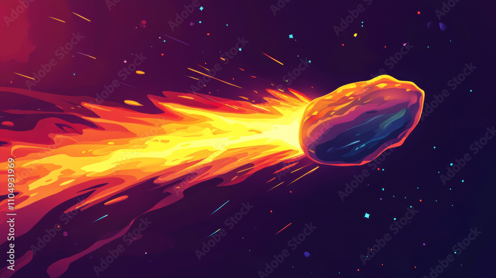 Fantasy asteroid with colorful fire and dust path. Cartoon vector illustration set of fast ...