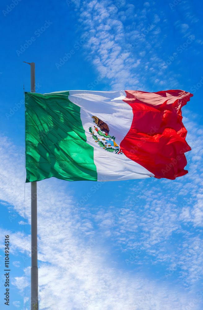 Los Cabos, Mexico, Mexican tricolor national striped flag proudly ...