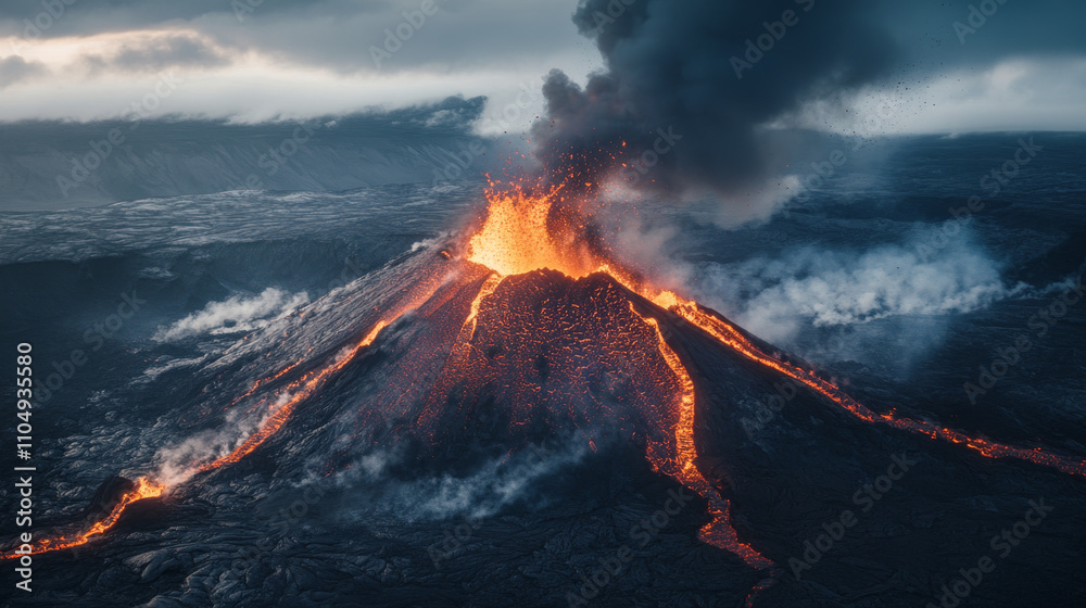 Volcano lava eruption. Vulcano mountain with smoke and fire. Active ...