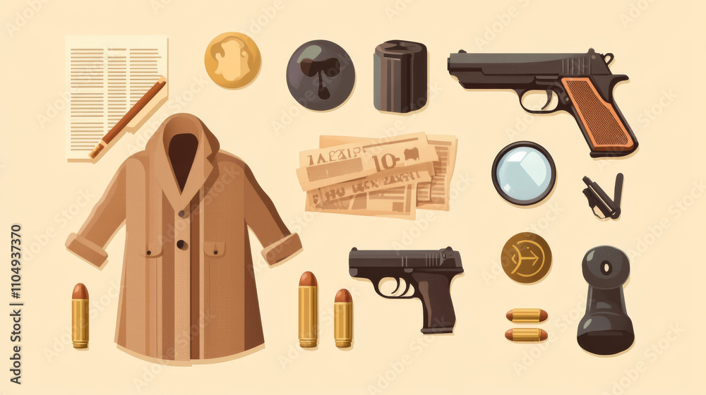 Detective character and spy equipment icon set. Gun with bullet ...