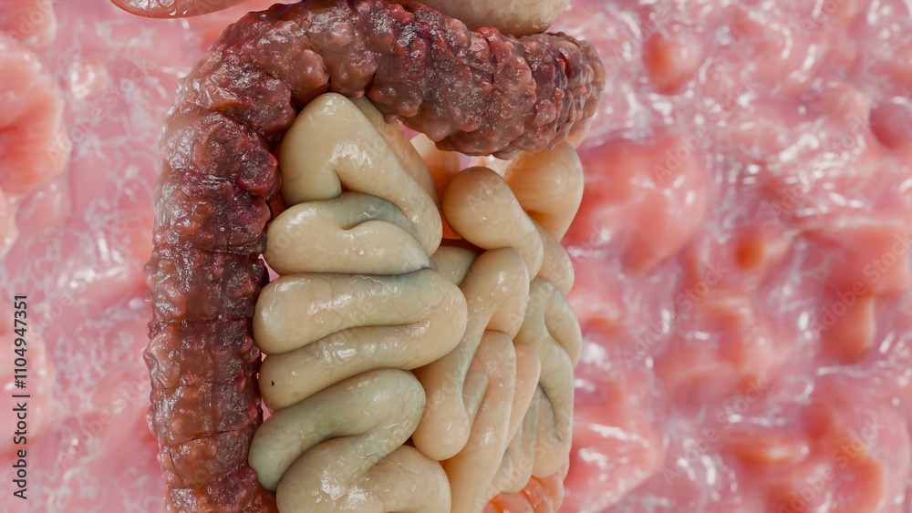 Colorectal cancer, malignant tumor in intestine, Endoscope inside ...