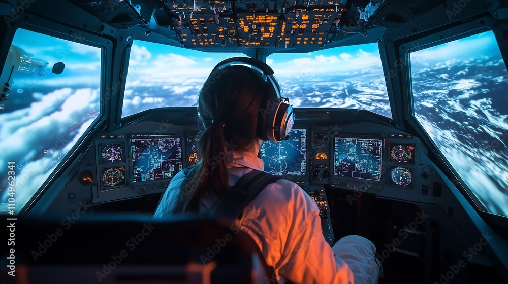 A person inside a flight simulator cockpit, fully immersed in a ...