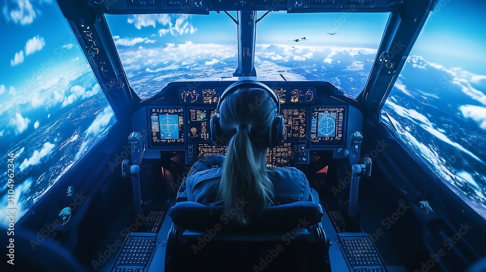 A person inside a flight simulator cockpit, fully immersed in a ...