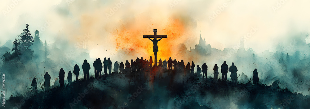 Watercolor silhouette of Jesus on the cross with people praying in ...