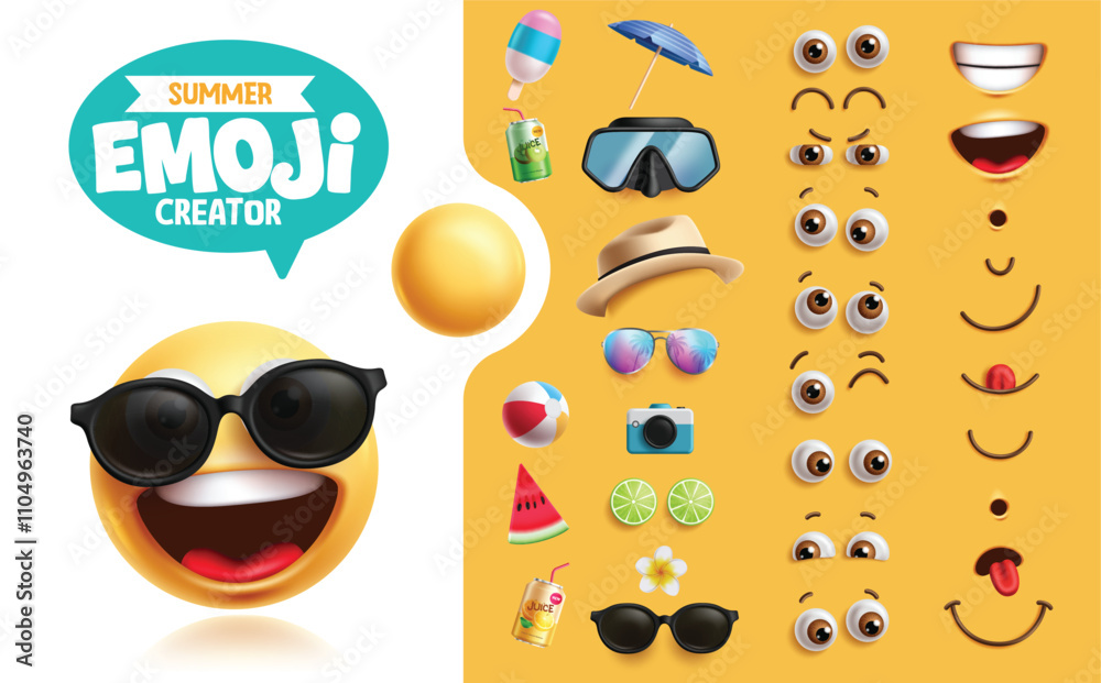 Vetor Summer emoji creation kit clipart set. Emoji summer character ...