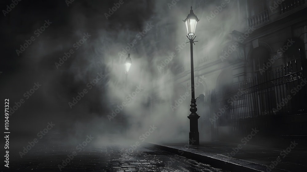 Foggy Night Street Scene With Gas Lamps And Old Buildings Stock ...