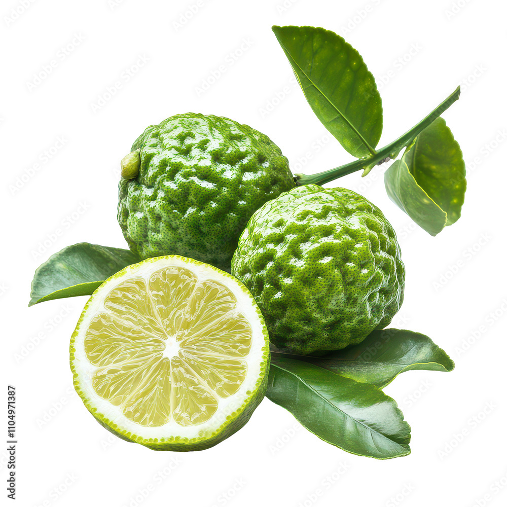 Fresh bergamot fruit with vibrant green leaves isolated against a clean ...