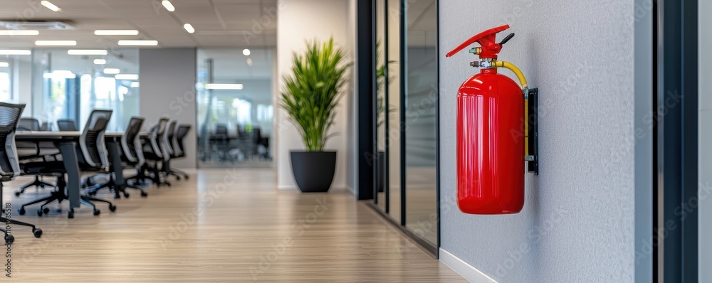 A modern office interior featuring a red fire extinguisher mounted on a ...