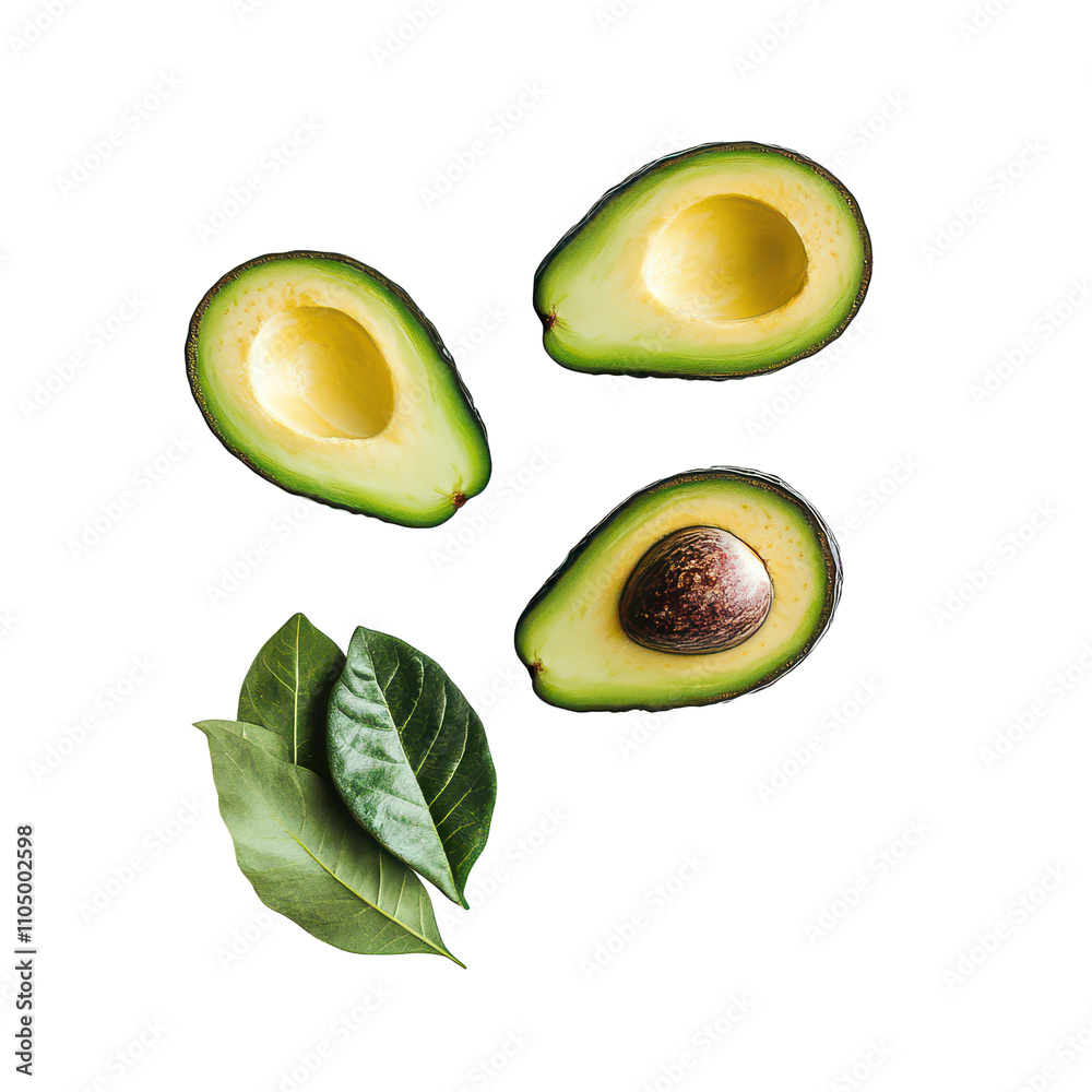 Fresh avocados arranged on a transparent background with green leaves ...