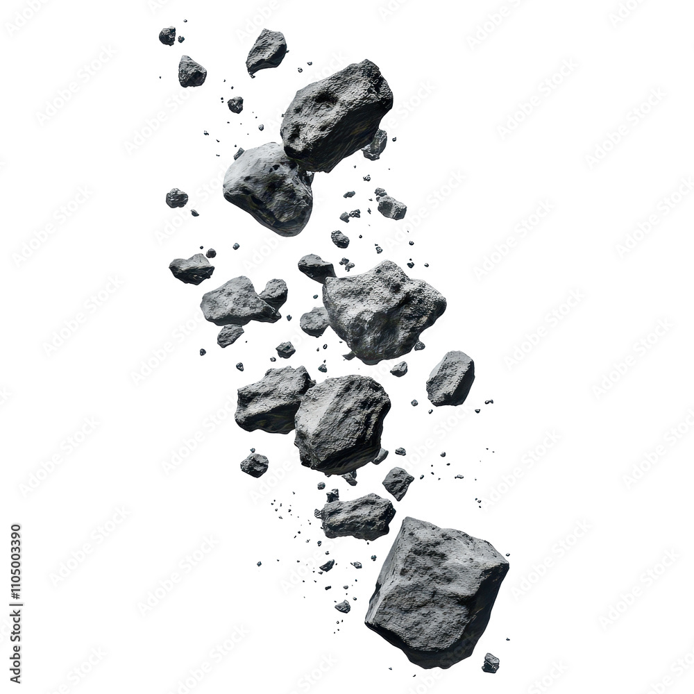 Asteroids floating in space against a stark transparent background ...