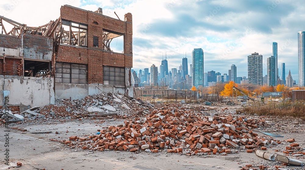15.The remnants of a demolished brick building with piles of broken ...