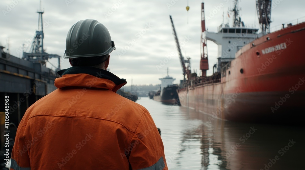 Worker Overseeing Operations at a Shipyard with Cranes Stock Photo ...