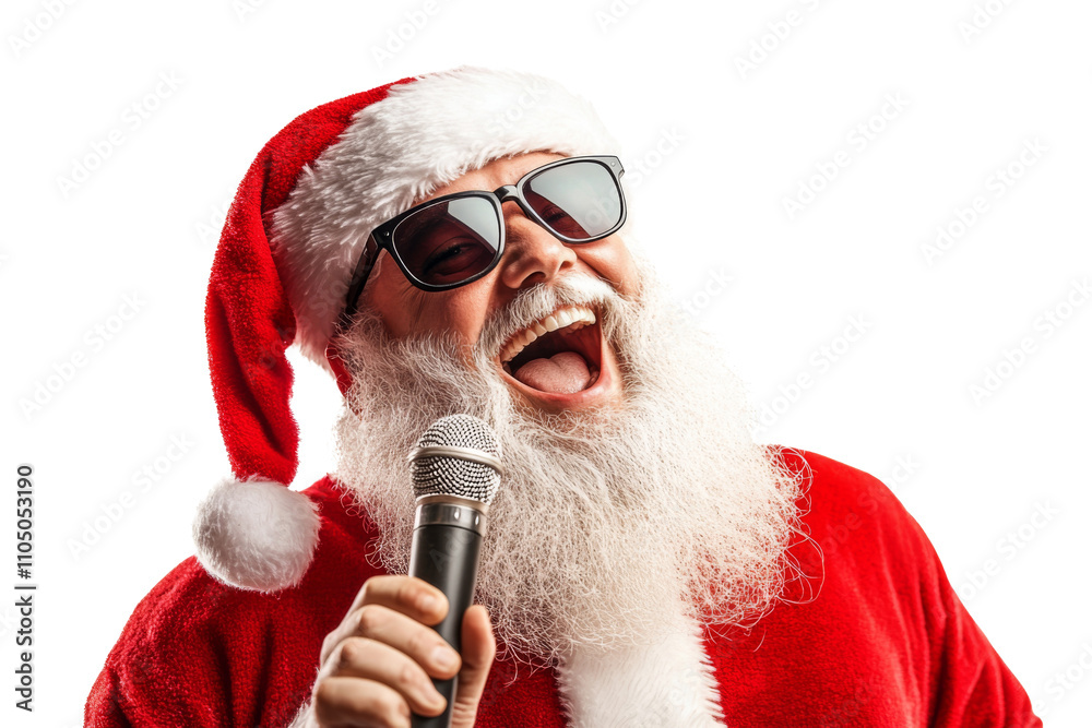 Santa Claus laughing while holding a microphone and wearing black ...