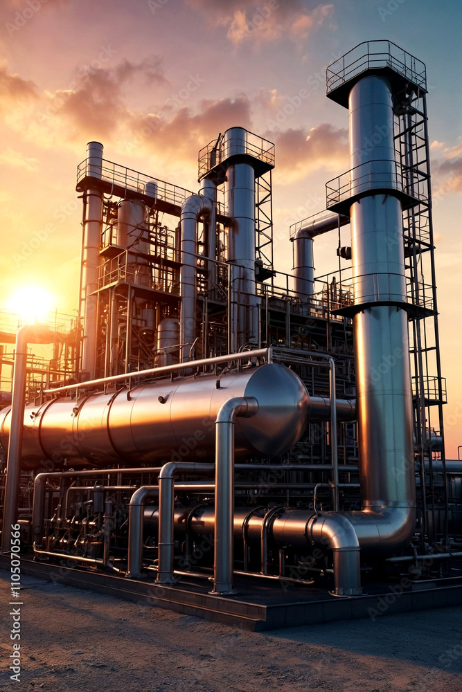 Petroleum industrial factory with pipeline and pipe rack at sunset sky ...