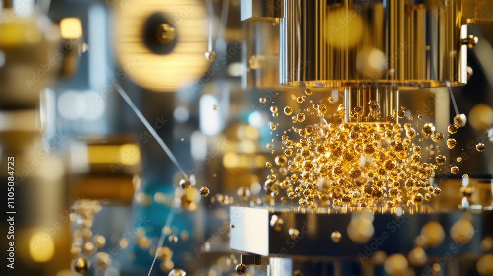 Microscopic view of glowing particles decaying into smaller fragments ...