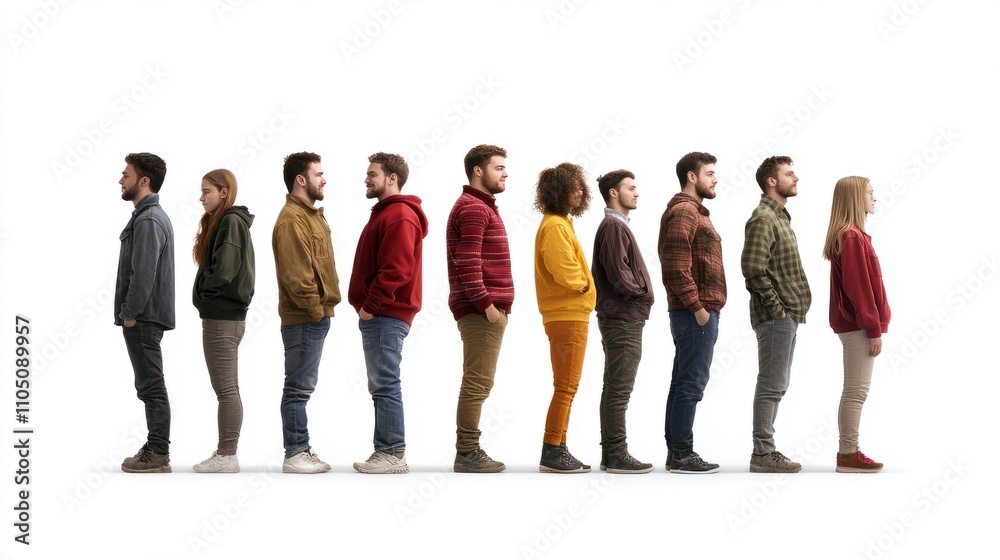 Group of people standing in a line with half facing forward and half ...
