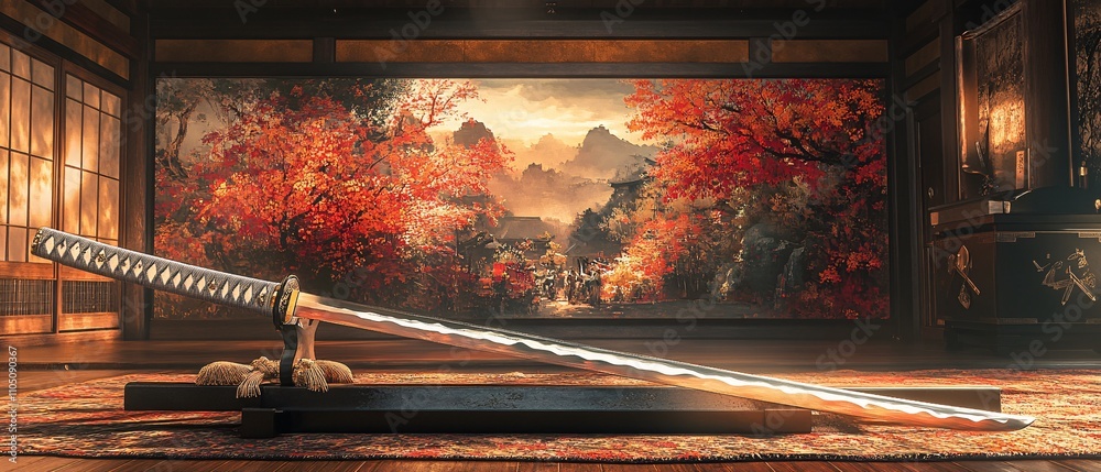 Foto de Stock Ultrawide display of a beautifully crafted katana sword ...