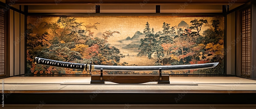 Ultrawide view of a legendary katana sword elegantly displayed in a ...