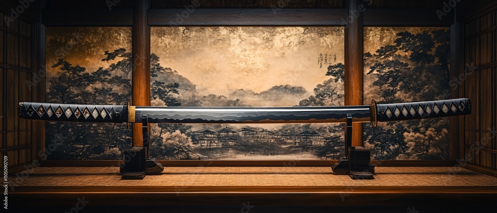 Ultrawide view of a legendary katana sword elegantly displayed in a ...
