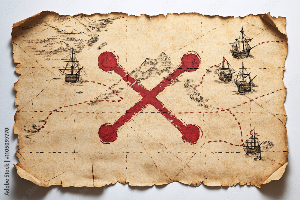 an antique treasure map with a red x marking the spot surrounded by ...