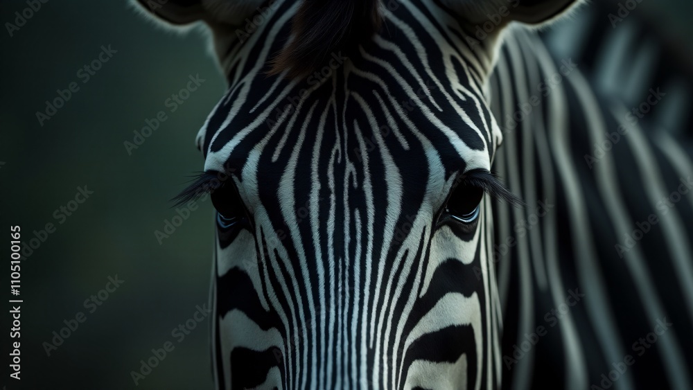 Create a detailed close-up of a zebra’s face, focusing on its striking ...