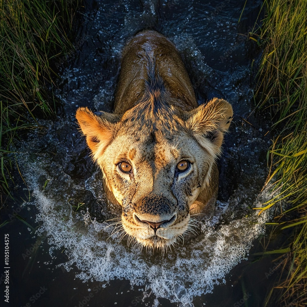 Professional large angle bird's eye view photography of a lioness in a ...