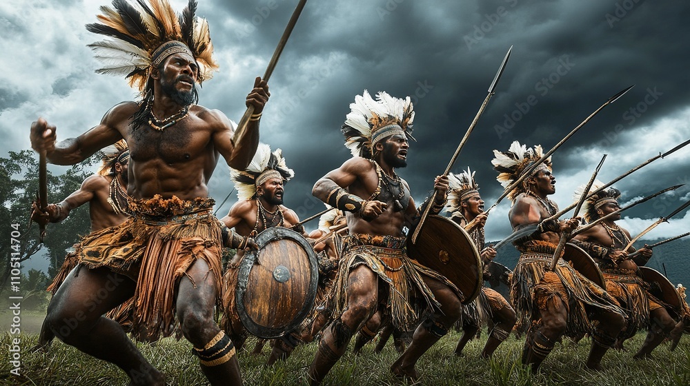 Warriors in traditional Maluku attire, armed with spears and shields ...