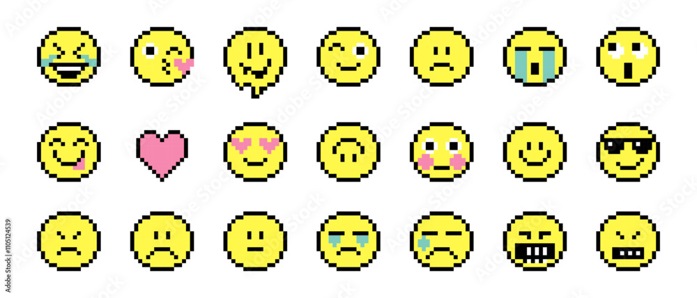 Vector de Stock Smile icons collection. Set of emoticons pixel art ...