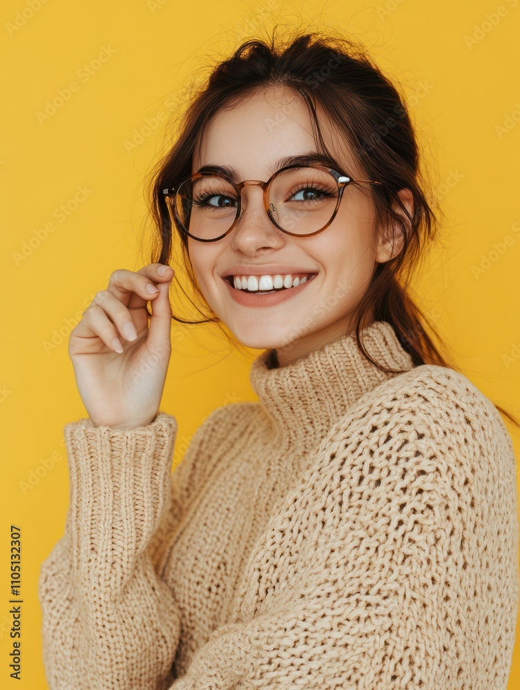 Positive woman smiles happily keeps hand on rim of spectacles feels ...