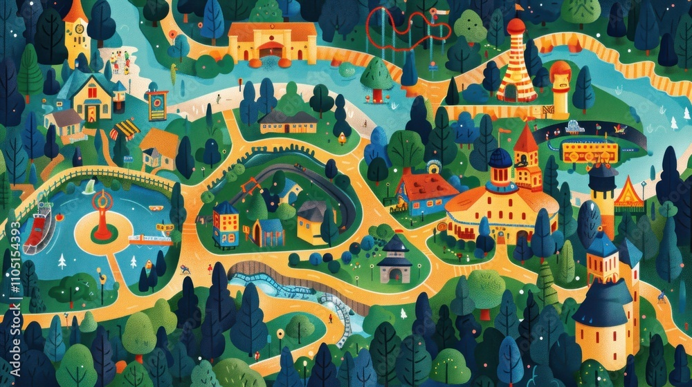 Illustrated map of a whimsical amusement park with rivers, buildings ...