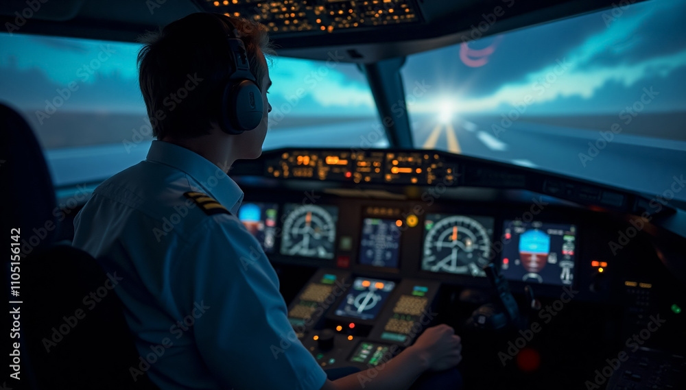 a pilot using a flight simulator with a realistic cockpit and immersive ...