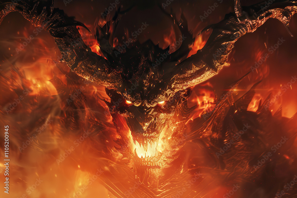 Scary sinister devil is in hell with dramatic fire lighting Stock ...