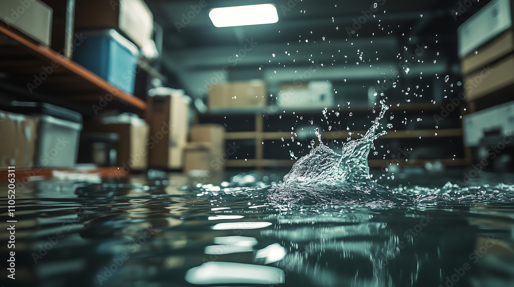 Flooded basement scene, water lapping at the ceiling, shelves submerged ...