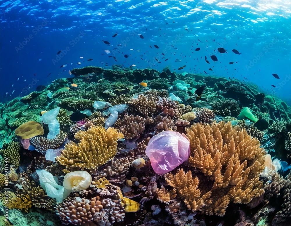 Vibrant coral reef polluted with plastic waste in clear blue ocean ...