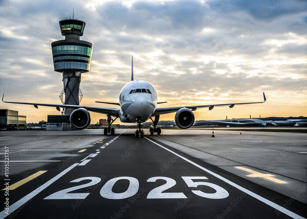 Photo commercial airplane on a runway marked "2025" symbolizes ...