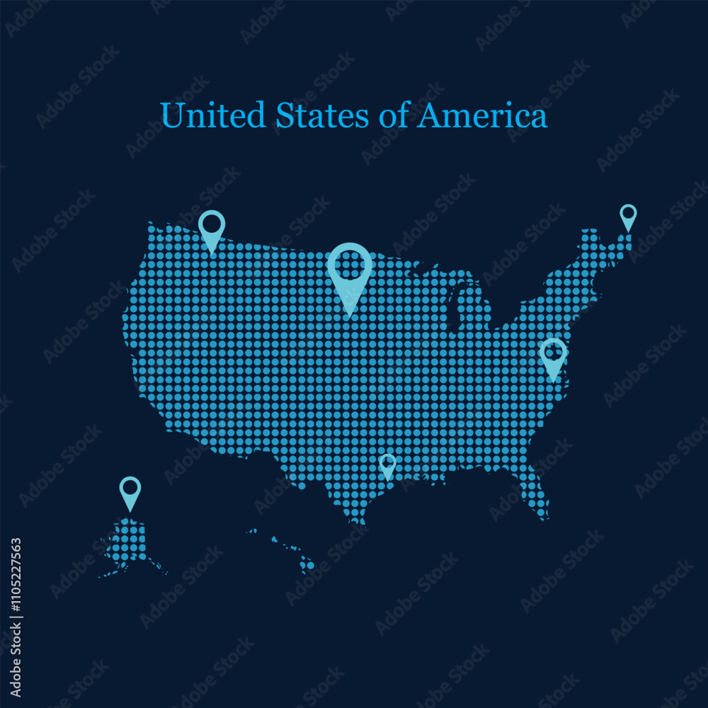 USA Map, Digital Dotted World Map with Location Markers on Dark ...