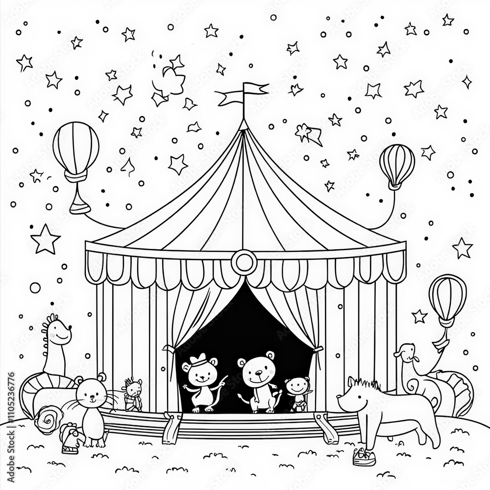 A friendly circus with performers and animals, coloring page for kids ...